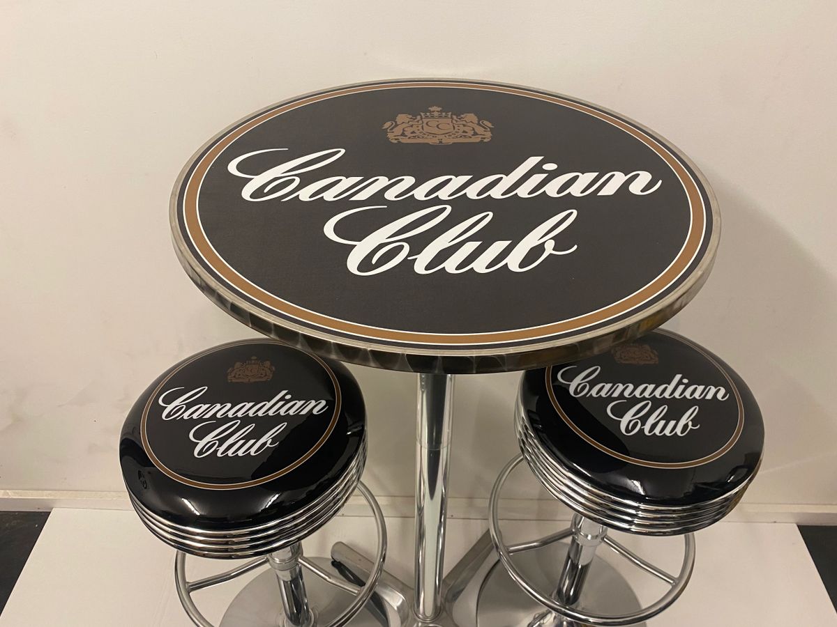 CANADIAN CLUB BAR TABLE & 2 STOOL PACKAGE