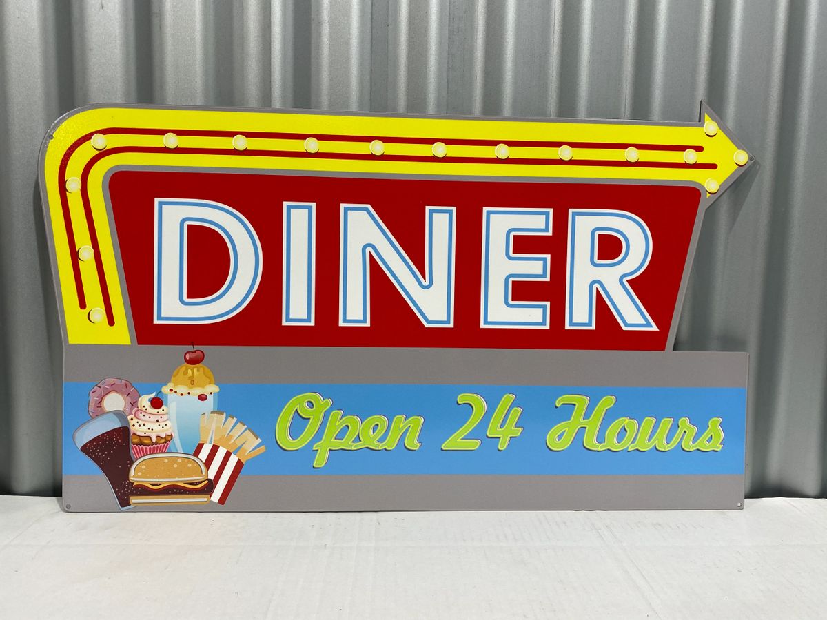 DINER OPEN 24 HOURS DIE CUT METAL SIGN