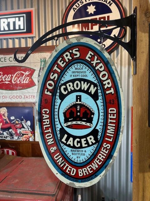 FOSTERS EXPORT CROWN LAGER DOUBLE SIDED 610 X 360 MM OVAL SIGN & HANGER