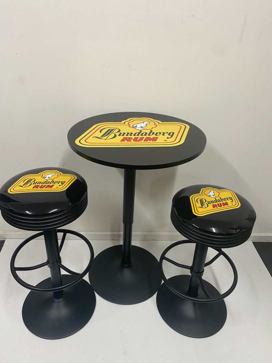 BUNDABERG RUM DELUXE BLACK BAR TABLE & 2 STOOL PACKAGE