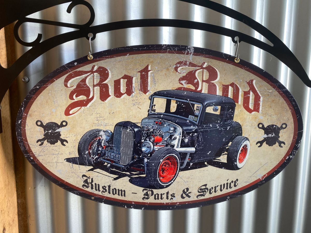 RAT ROD CUSTOM PARTS & SERVICE OVAL DOUBLE SIDED HANGING SIGN
