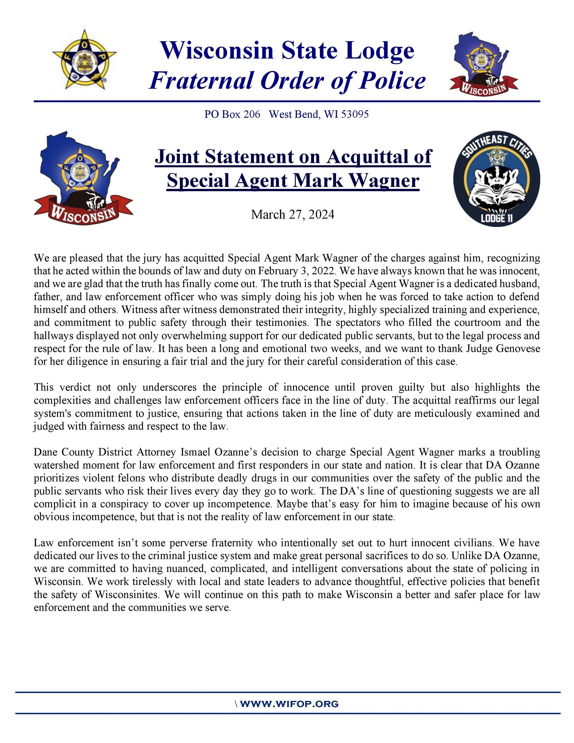 WI FOP/SE Cities Lodge #11 Statement on Acquittal of Mark Wagner