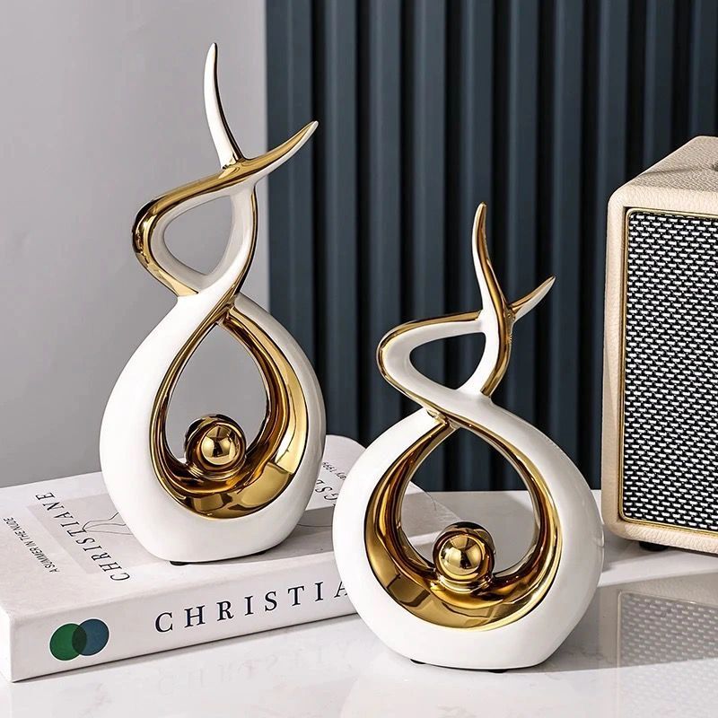 Modern Abstract Art Table Top Ornaments Set of Two | White & Gold