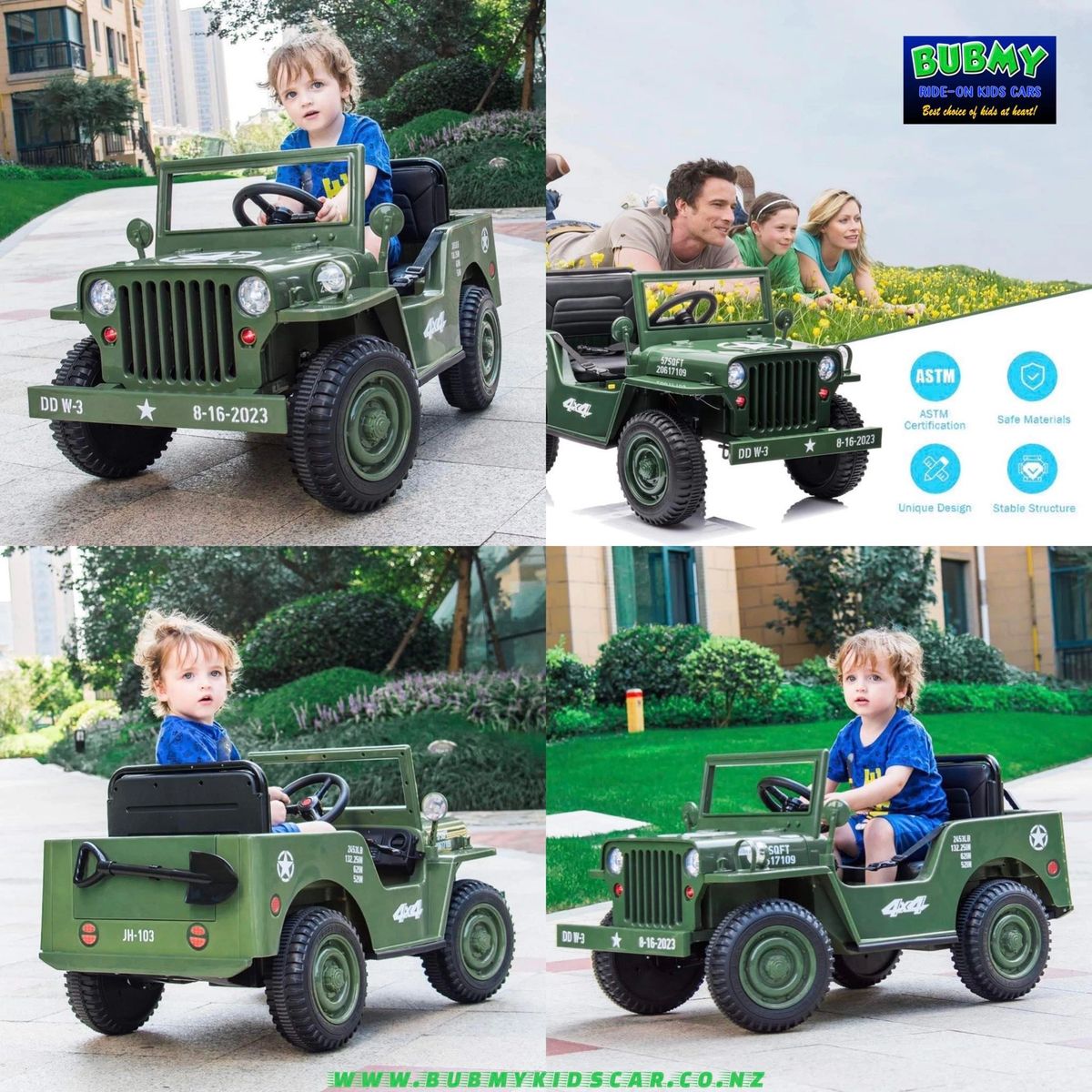 12Volts Kids Ride On Military Jeep Willy 4WD- Army green