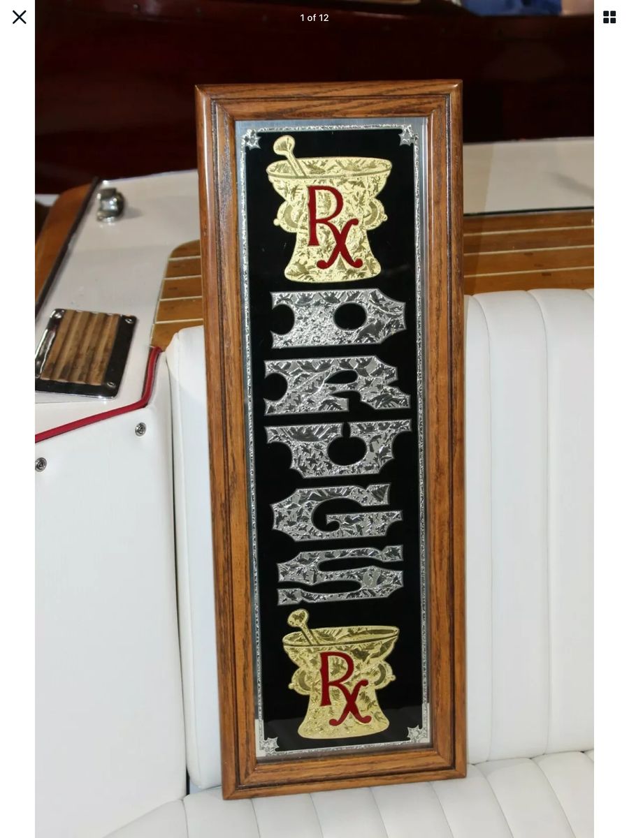 Vintage RX drugs gold and silver reverse glass advertising sign with ...
