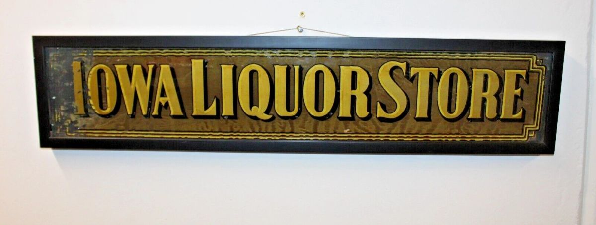 Antique Iowa Liquor Store Reverse Painted Glass Sign Framed