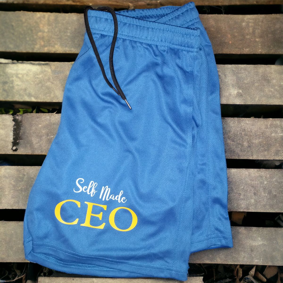 CEO COOFANDY Workout Gym Shorts Blue w/ White & Gold