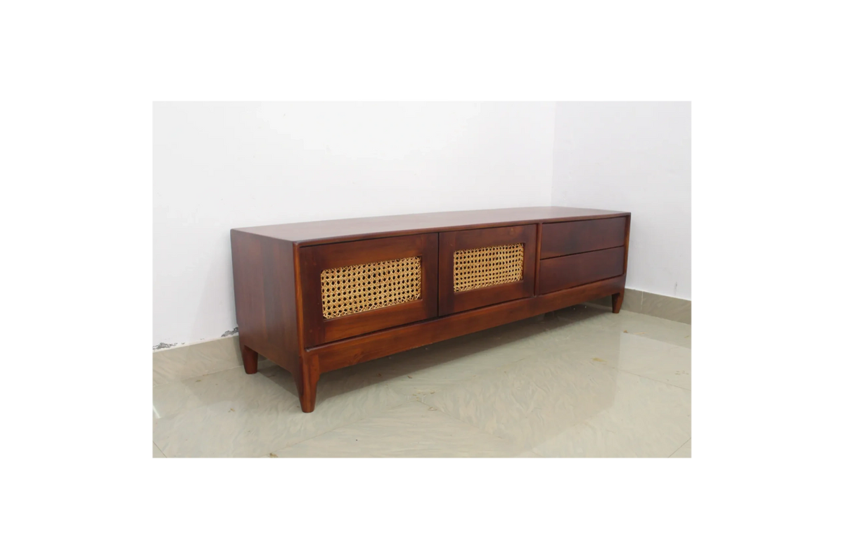 TV unit with cane knitted doors
