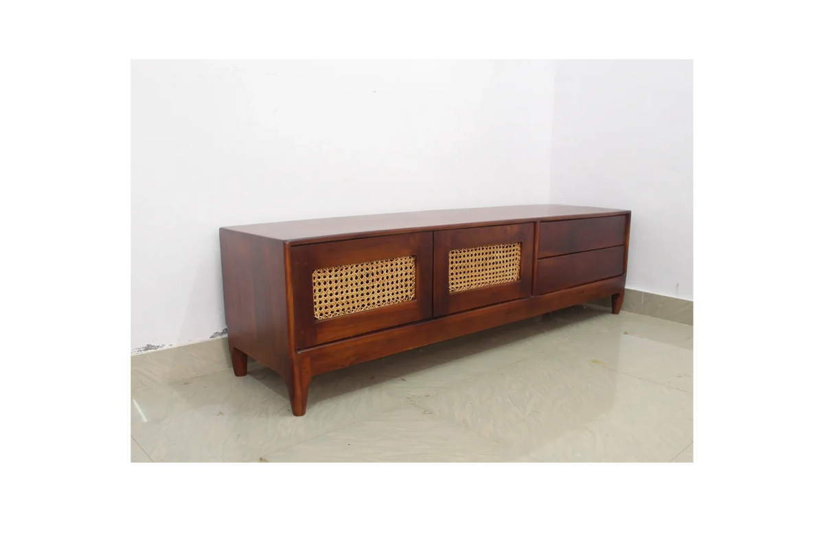TV unit with cane knitted doors
