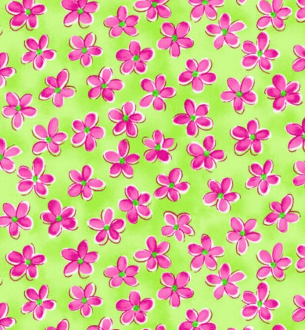 Keri Schneider Whimsy Daisical Green with pink flowers