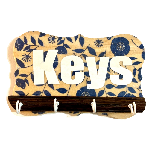Wooden Farmhouse Decor Decoupage Sign for Keys with Four Hooks