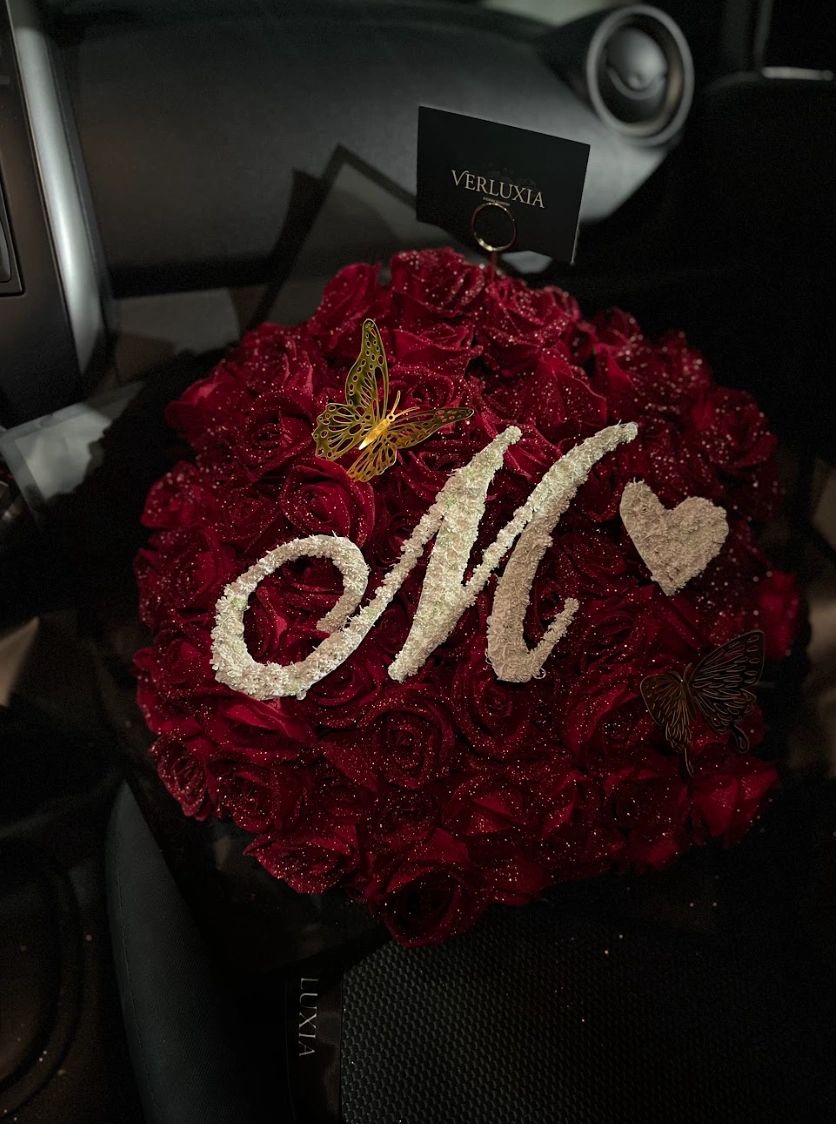 75 Glitter Red Roses with Initial and Gold Butterflies