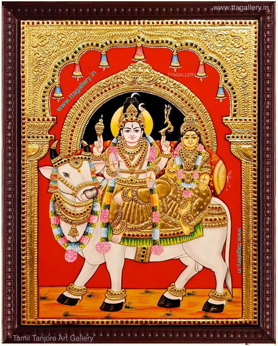 Shivan Parvathi With Rishabam Antique Tanjore Painting