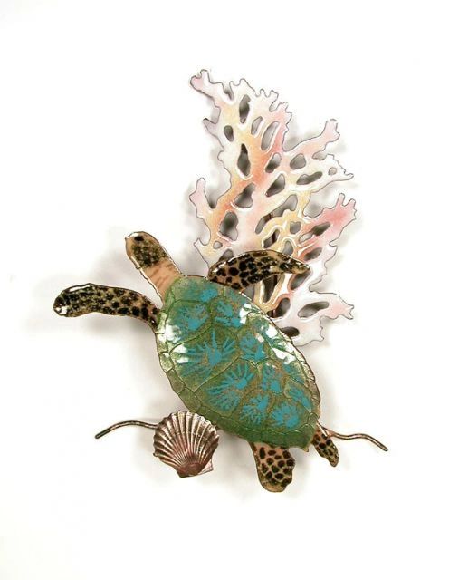 Sea Turtle with Coral Enameled Copper Wall Art