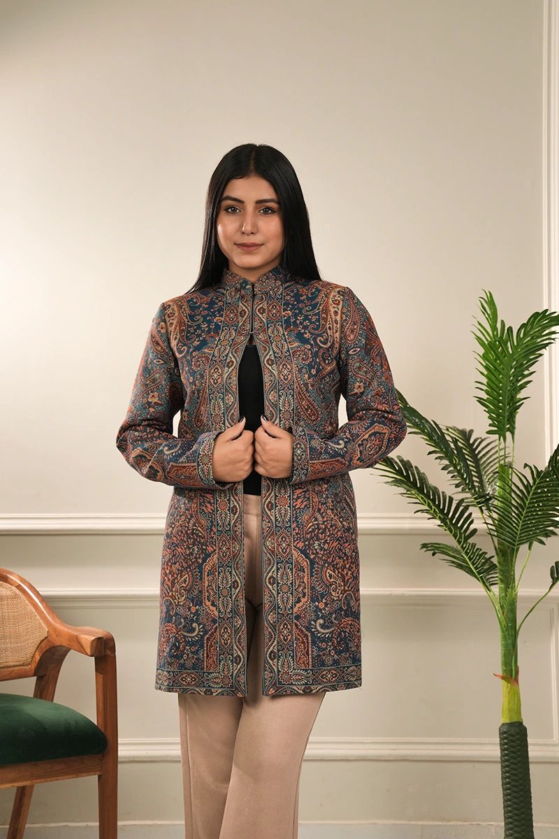Women Blue Kashmiri Kani Design Coat Shrug