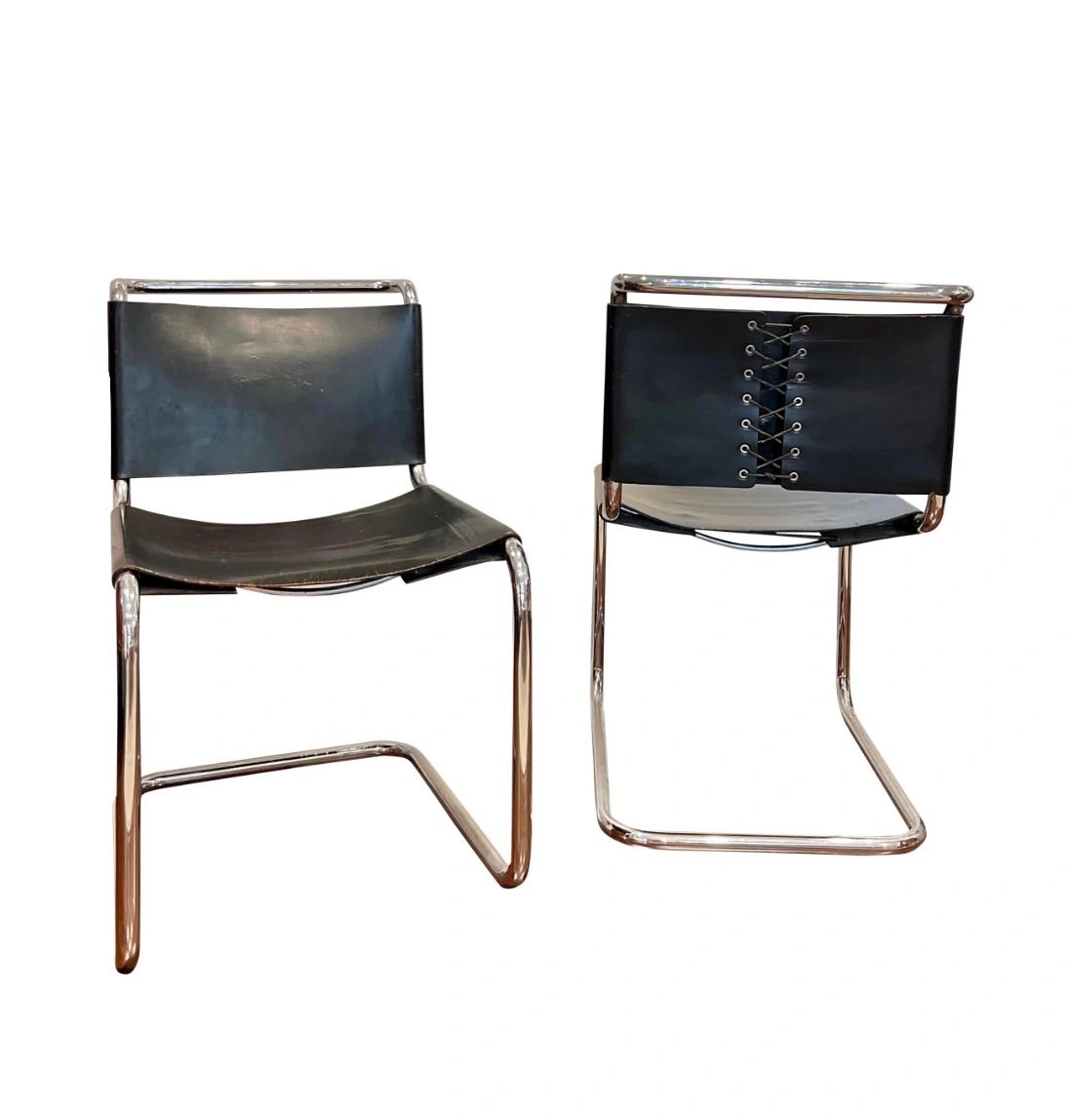 Thonet 1950s Original Black Leather Gavina B33 Pair of Chairs with Corset Back