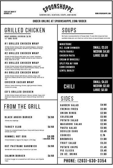 Dinner Menu, Lunch Menu - SpoonShoppe.com - Meriden, Connecticut ...