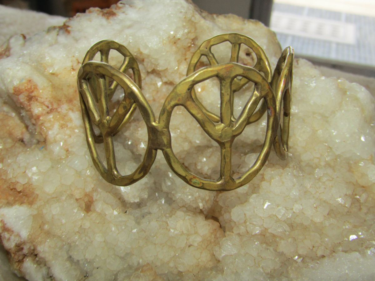 Hammered brass peace symbol cuff bracelet