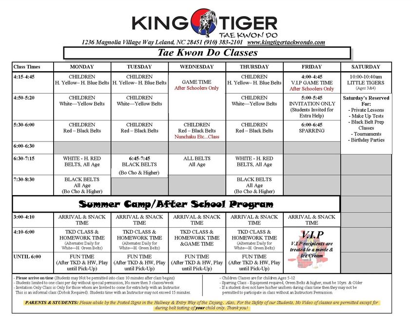 Schedule | KING TIGER TAEKWONDO