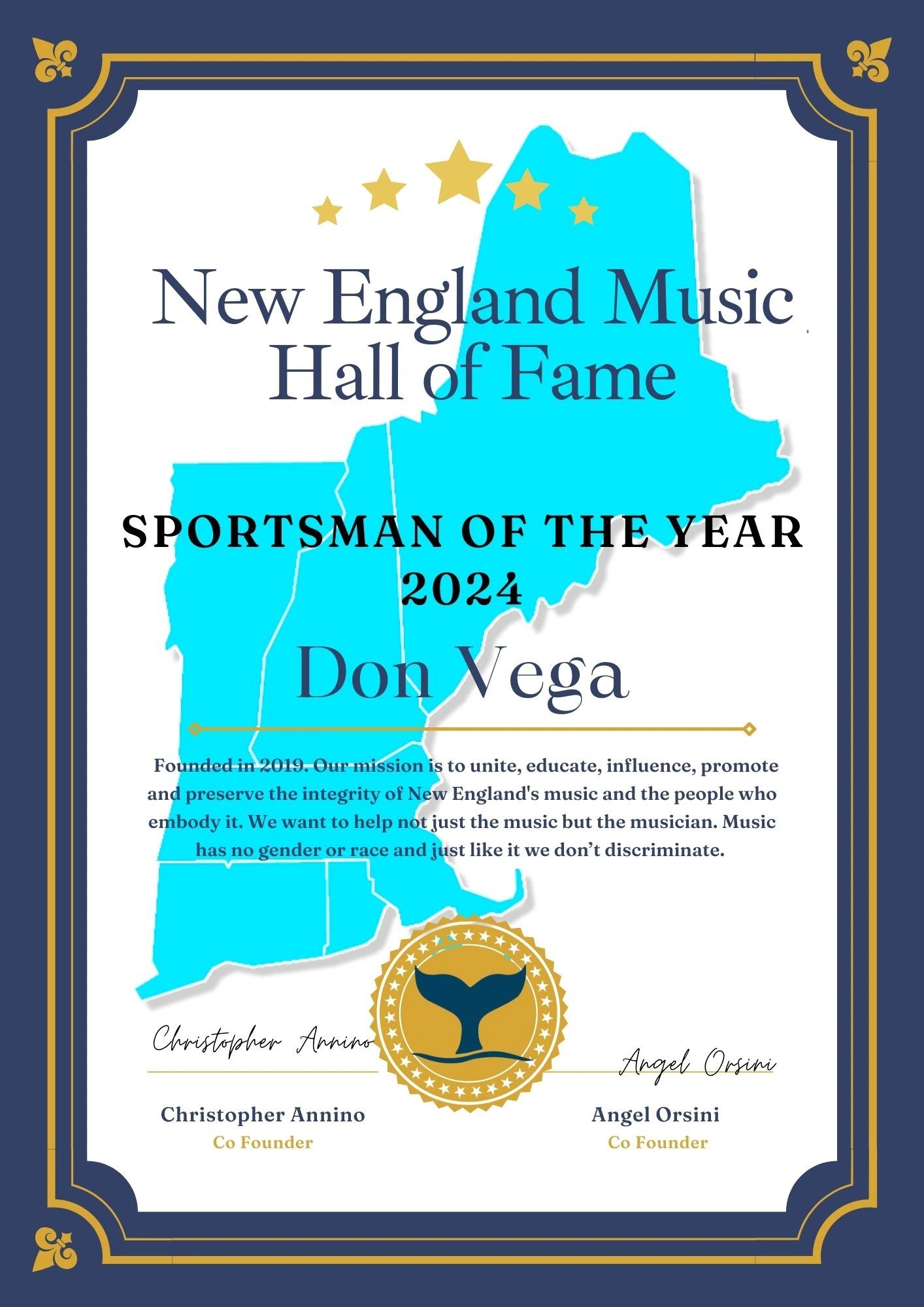New England Music Hall of Fame Sportsmen of the Year Don Vega