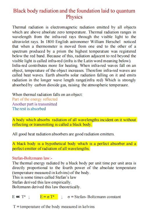 Black body radiation and foundation laid to quantum physics
