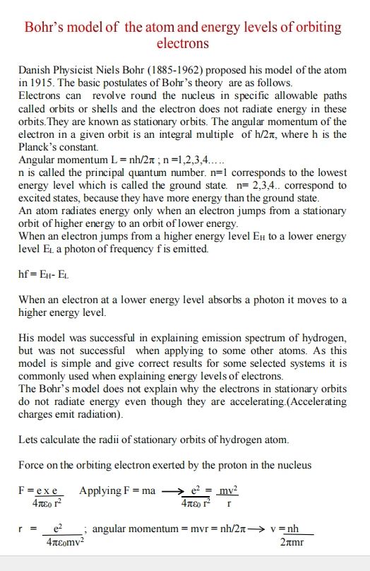 Bohr's model of the atom and energy levels of orbiting electrons