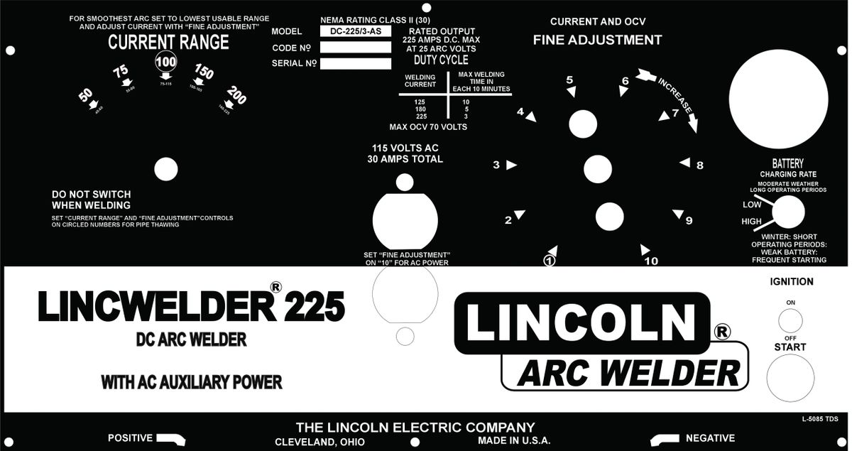 Lincoln Control Plate for Lincwelder 225, Part # L-5085