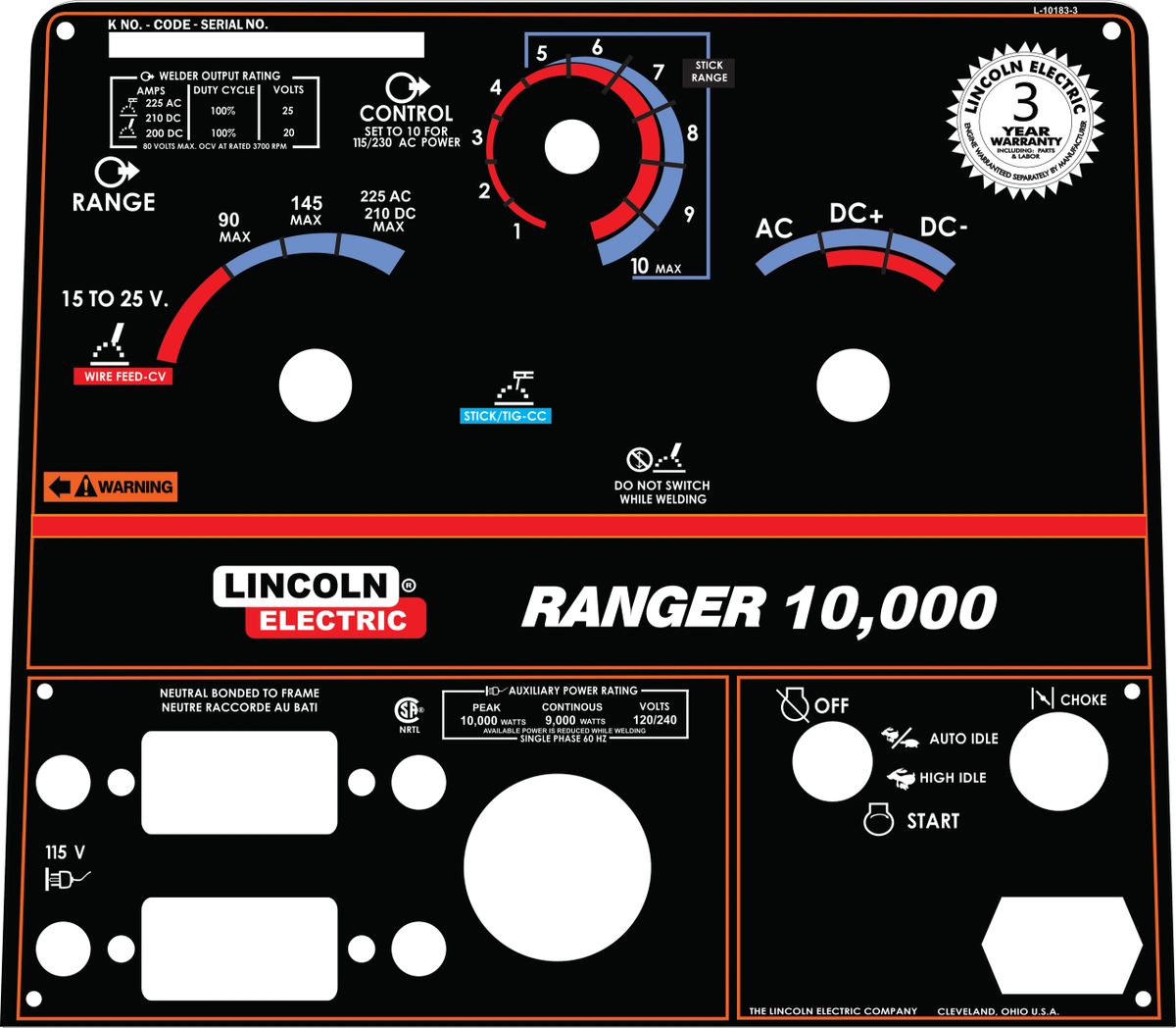 Lincoln Control Plate for Ranger 10,000, Part # L-10183-3