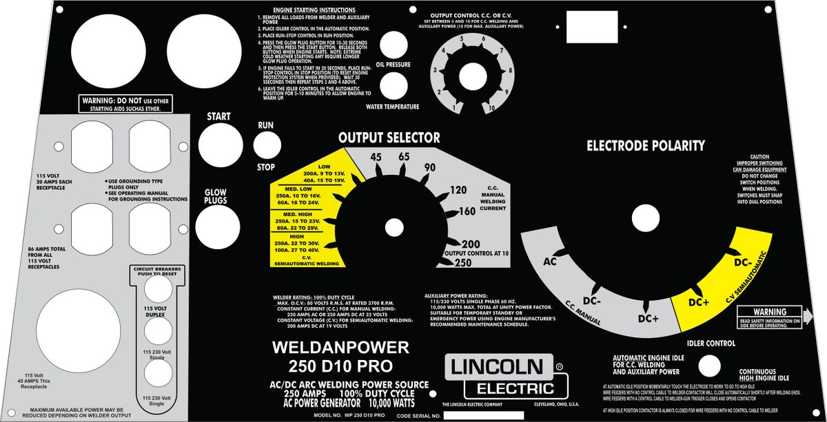 Lincoln Electric Weldanpower 250 D10 Pro Control Panel, Part # G-1965