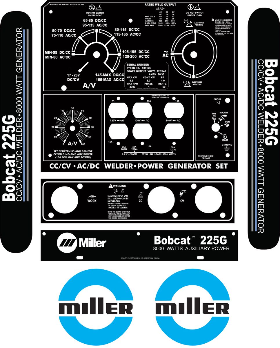 Miller Bobcat 225G Control Plate with Decals - 7 Pcs Kit