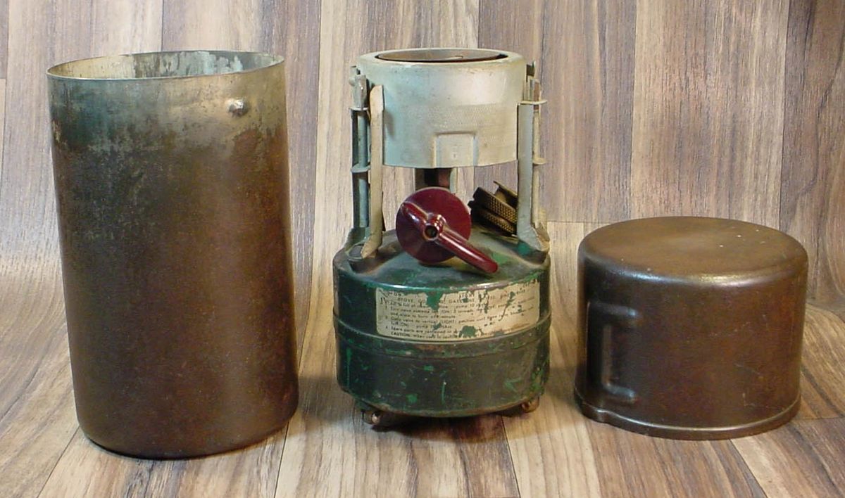 WWII US ARMY CAMP STOVE IN CARRIER, Item #3531