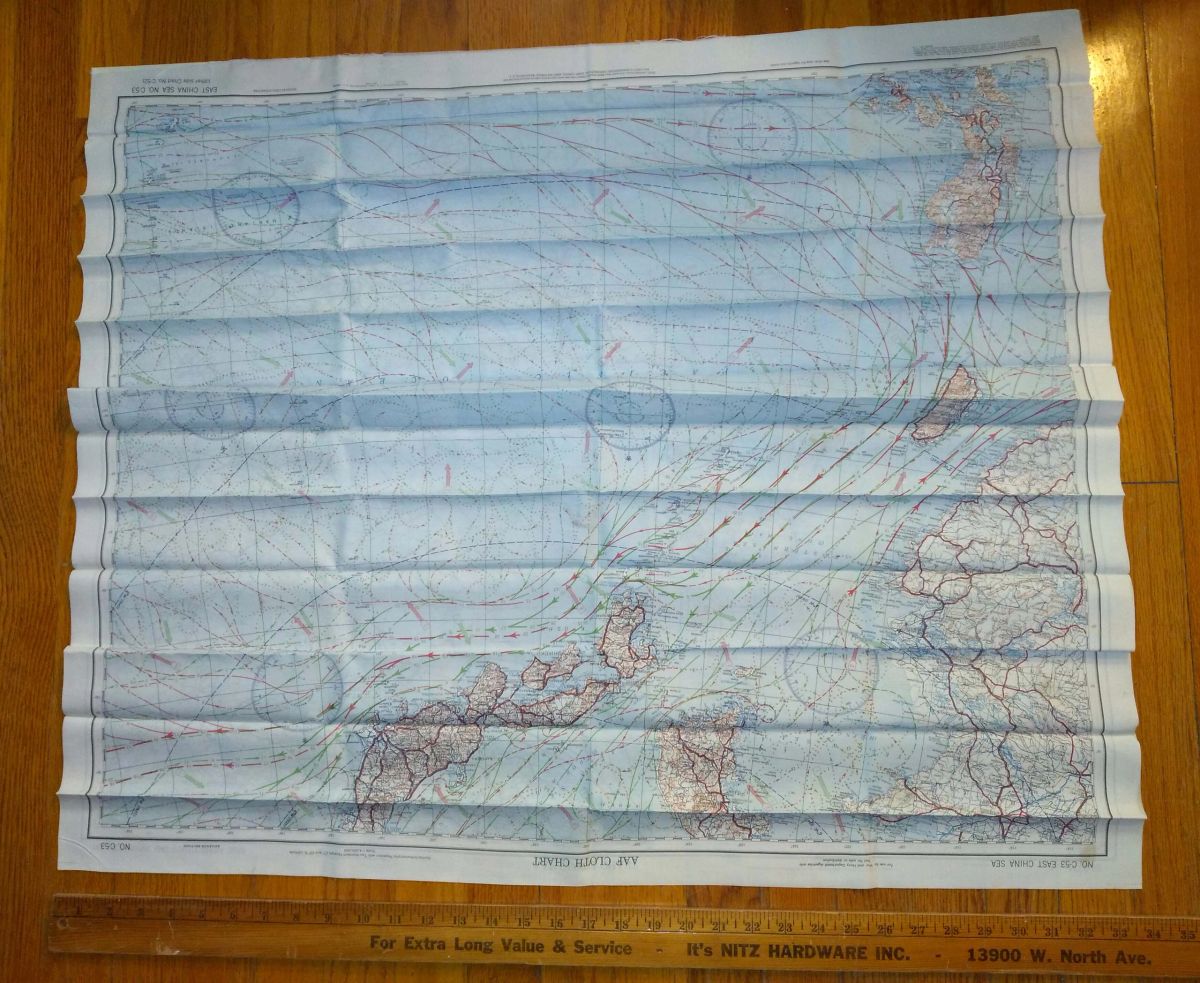 WWII US ARMY AIR FORCE SILK SURVIVAL MAP: C-53 EAST CHINA SEA, Item #4954