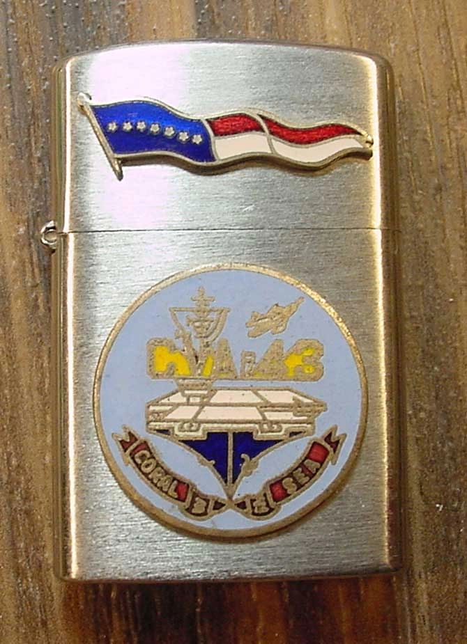 VINTAGE US NAVY SHIP ENGRAVED ENAMEL LIGHTER U.S.S. CORAL SEA CVA-43 By ...