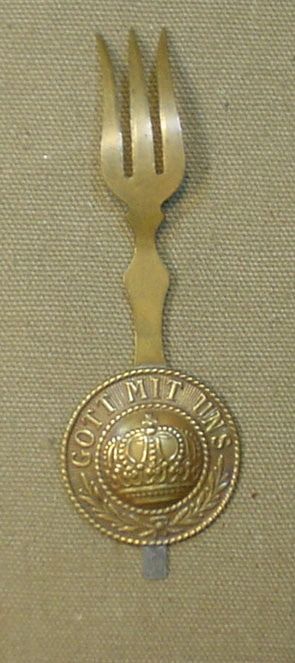 WWII GERMAN TRENCH ART FORK WITH BELT BUCKLE EMBLEM, item #3315