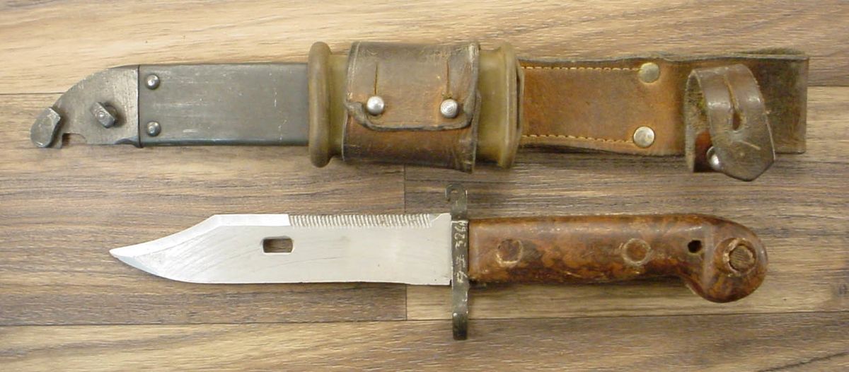SOLD - COLD WAR ROMANIAN AKM BAYONET WITH LEATHER FROG, Item #3902