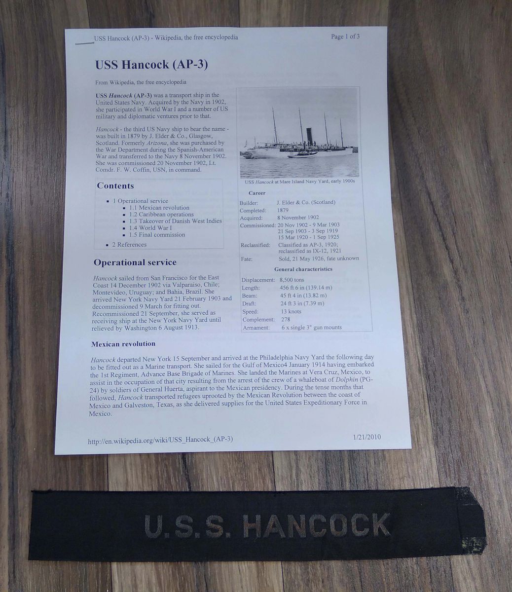 WWI USS HANCOCK AP-3 CAP TALLY, Item #5793