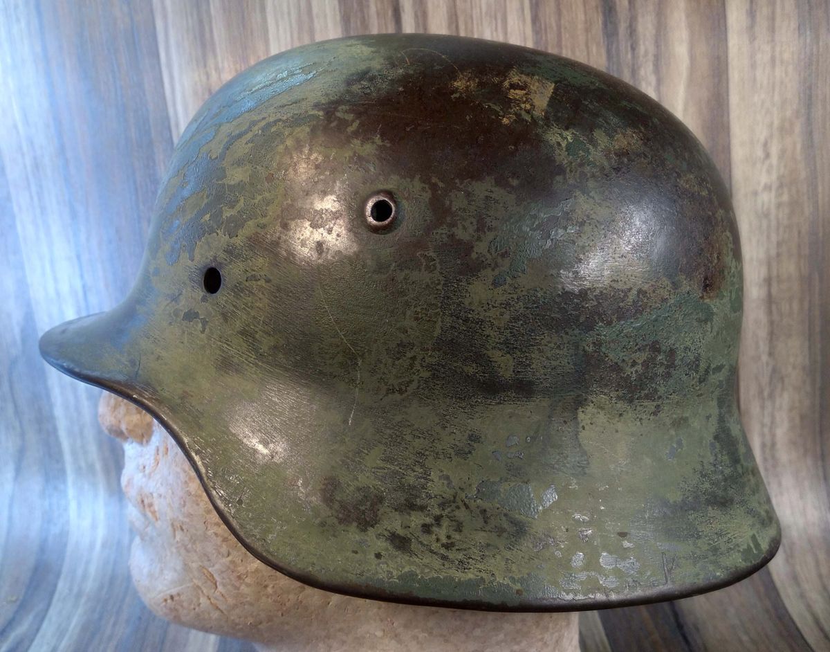 SOLD - WWII GERMAN M35 CAMO HELMET, Item #4483