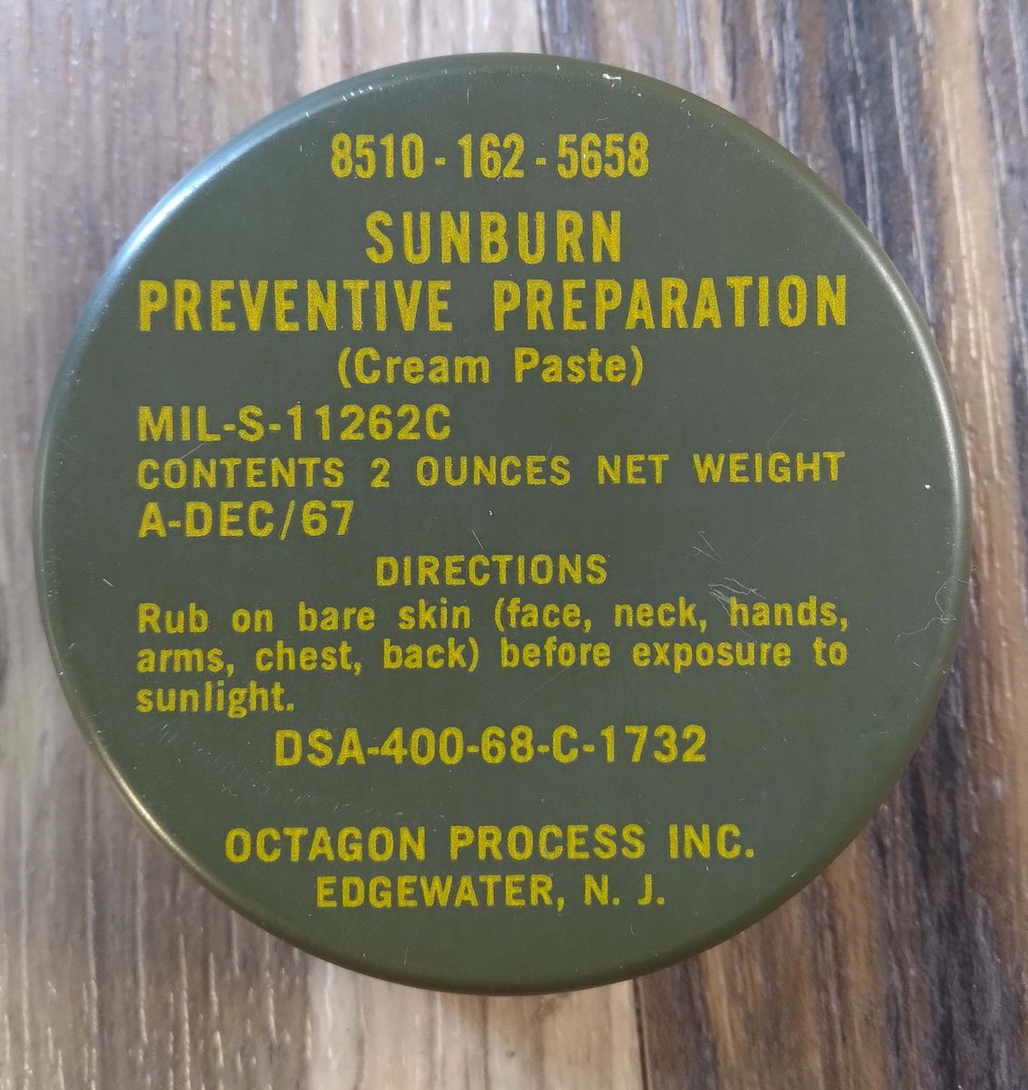 VIETNAM WAR U.S. ARMY SUNSCREEN CAN 1967 DATED, Item #4457