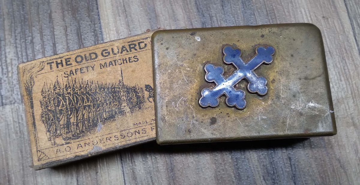 WWI FRENCH BRASS MATCH BOX COVER WITH CROSS OF LORRAINE AND OLD MATCH ...