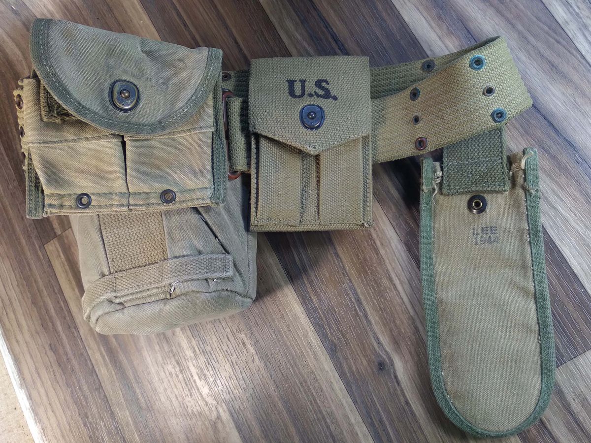 SOLD - WWII U.S. COMBAT BELT WITH CANTEEN, CARBINE, 45 AND CUTTER ...
