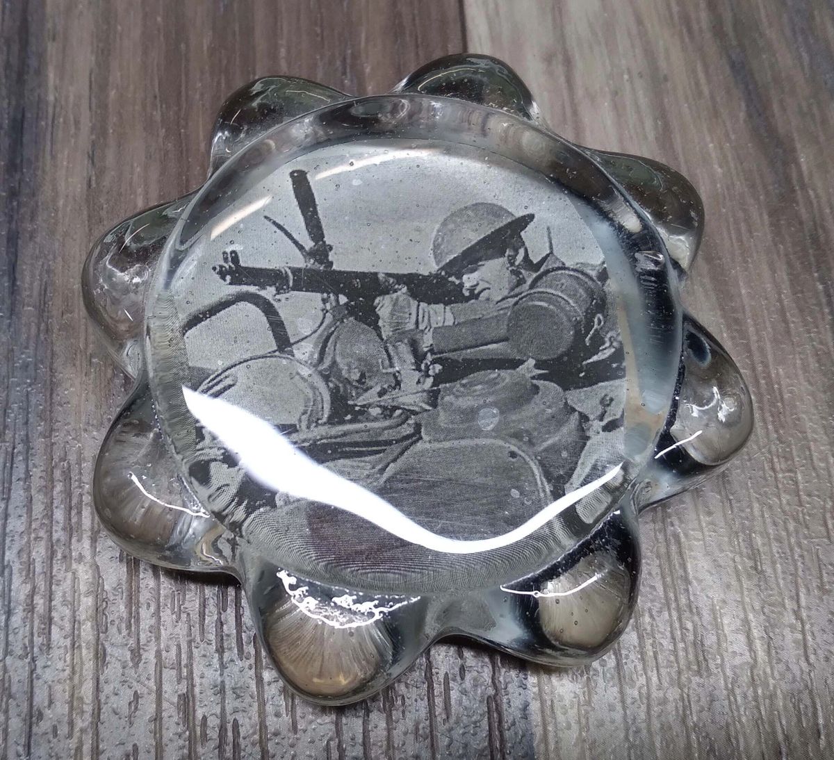 SOLD - WWII US ARMY PICTURE OF A SOLDIER ON A GLASS PAPERWEIGHT, Item #6787