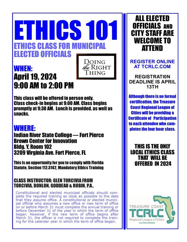 Ethics 101 - Treasure Coast Regional League of Cities, Inc.
