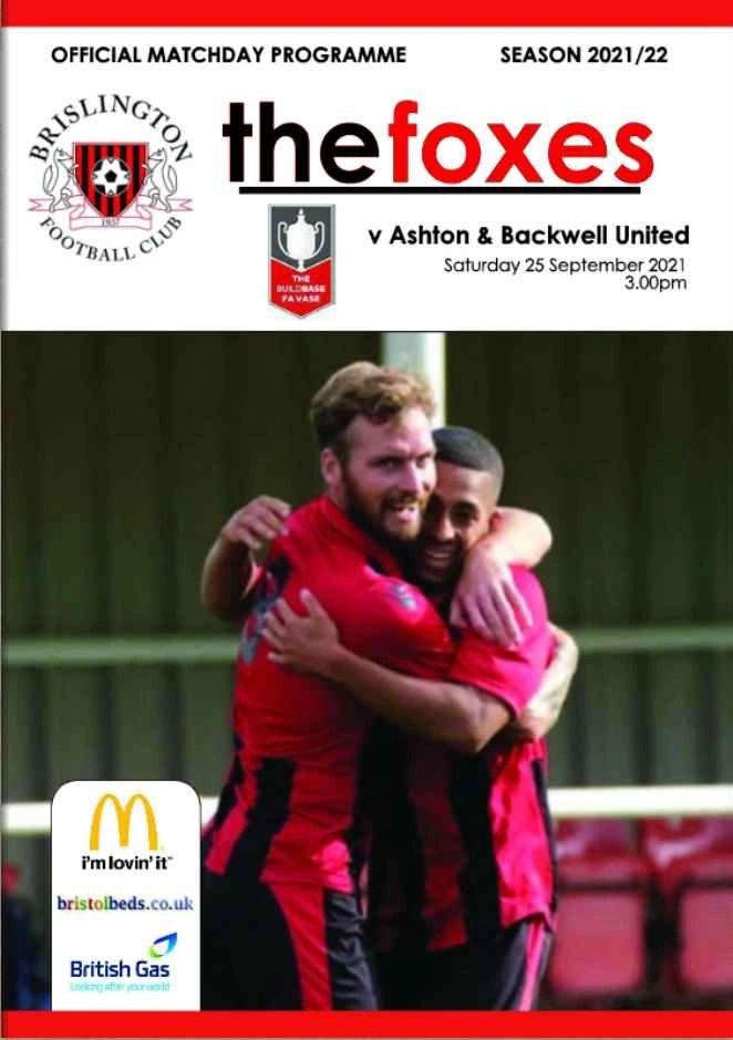 Match day Programme 25/09/21 V Ashton & Backwell FC