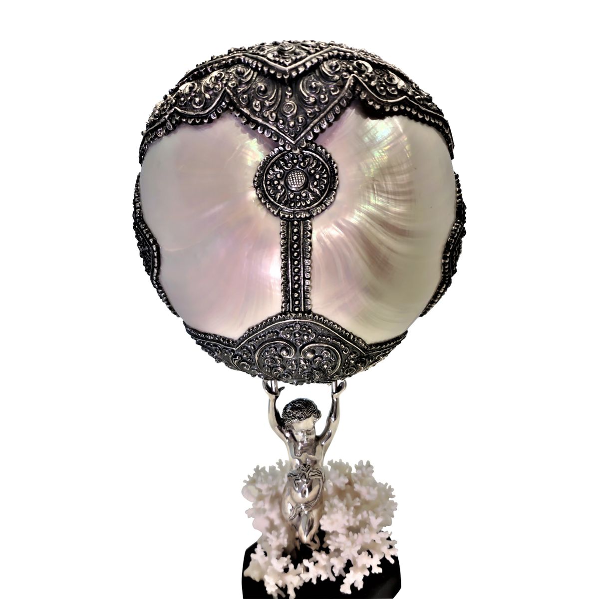 Two Large White Nautilus Shells Joined with Repose' Silver and held ...