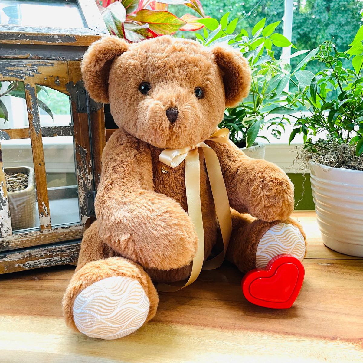 Heartbeat Bear: 16" Bear with a Recorder, Ivory & Gold Damask Paws