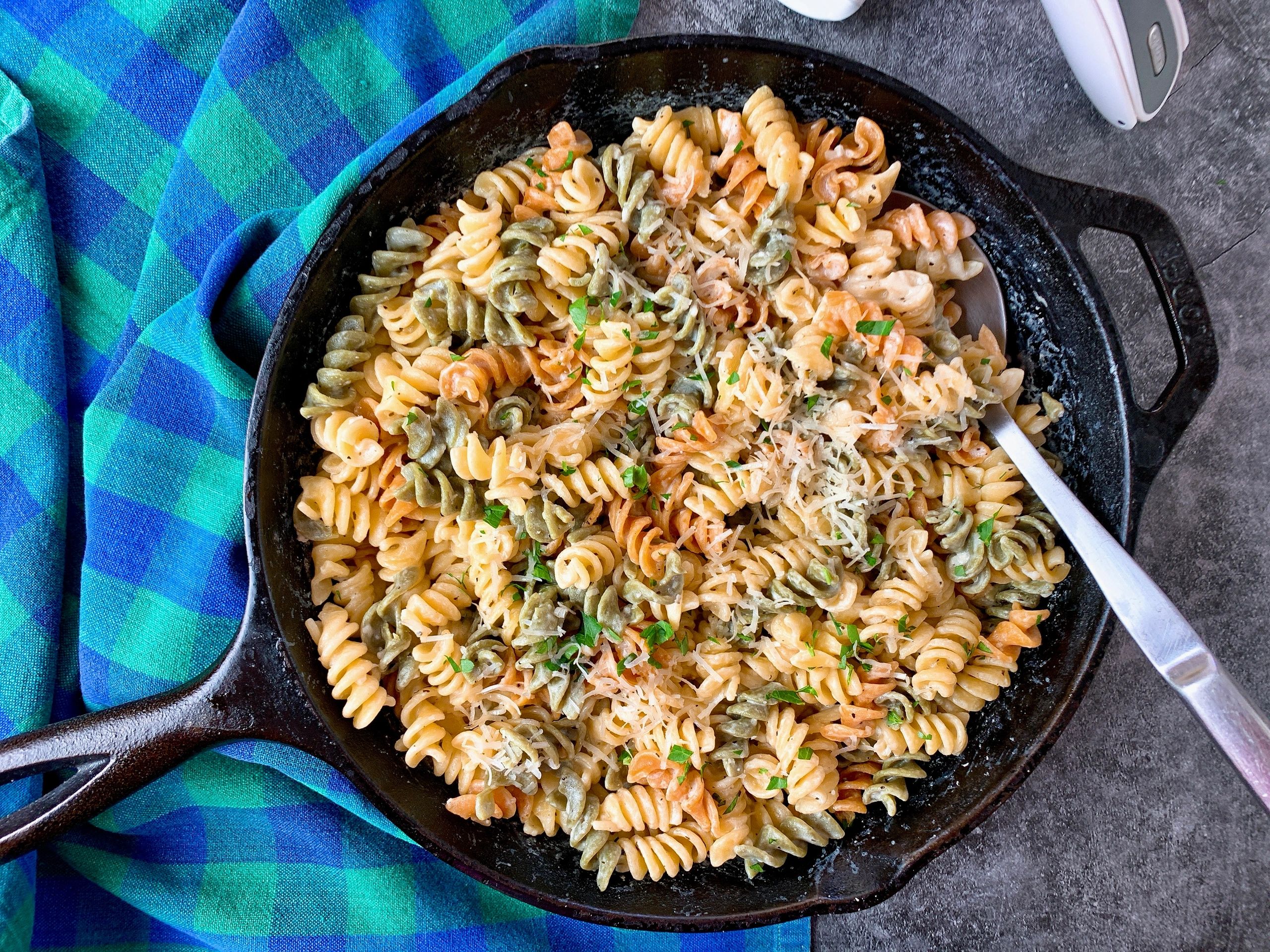 Tricolor Pasta in Creamy Garlic Sauce