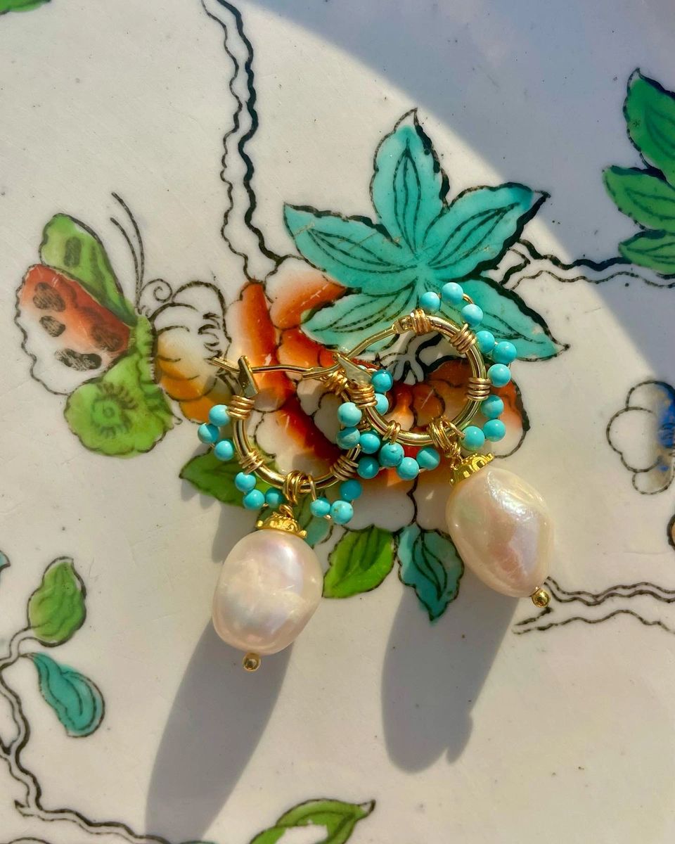 Turquoise Ali hoops with baroque pearl