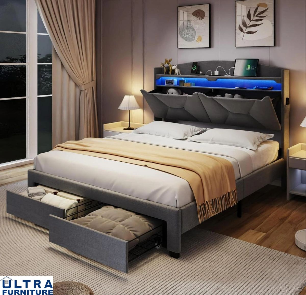 Simon Bed with Storage, LED, USB & Pockets in Grey Fabric