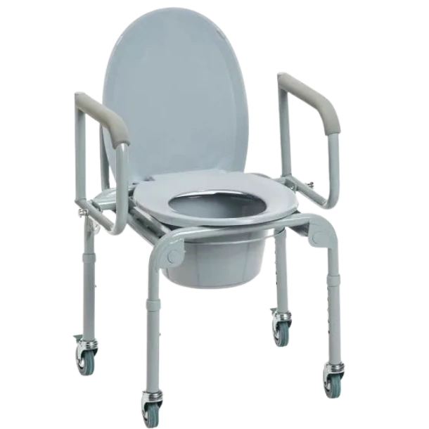 Steel Drop-Arm Commode with Wheels and Padded Armrests
