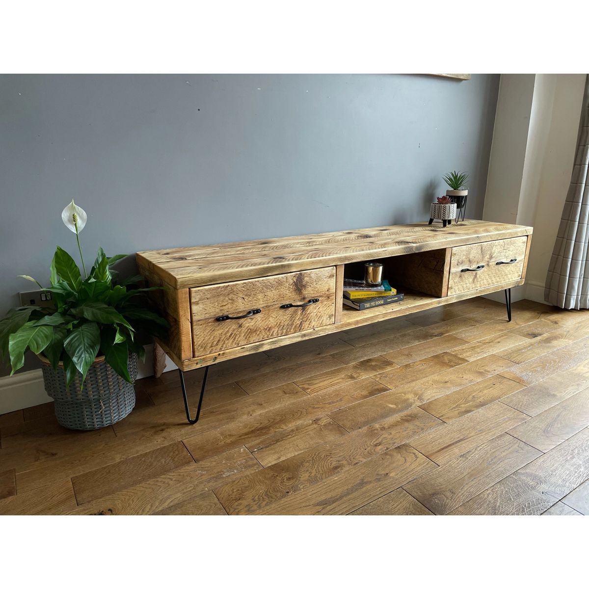 Industrial reclaimed solid wood TV Unit with drawers